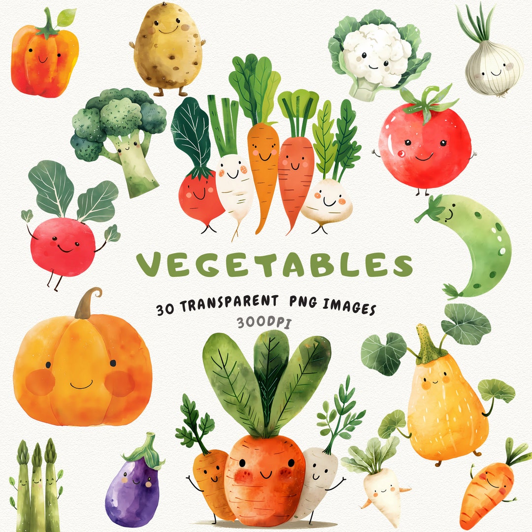 Wholesome Harvest: Adorable Watercolor Vegetables - Vibrant Clipart ...