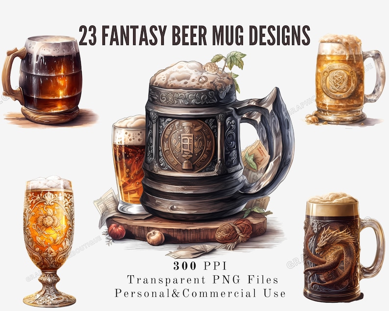 Watercolor Beer Mugs Clipart Digital Png Fantasy Insipred - Etsy