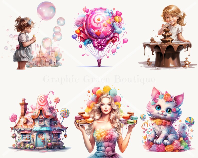 Candyland Clipart Bundle – Candy Houses, Lollipops, Cute Girls (PNG ...