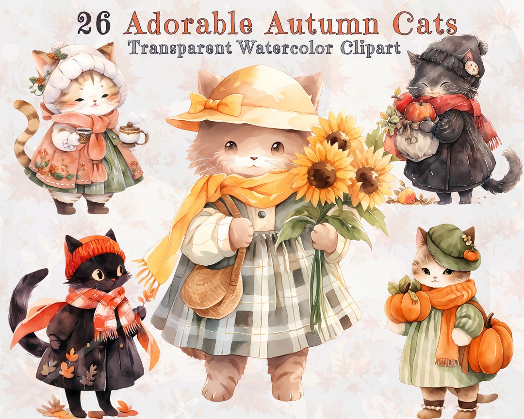 Autumn Cats Watercolor Clipart Bundle - 26 High-quality Pngs - Adorable ...