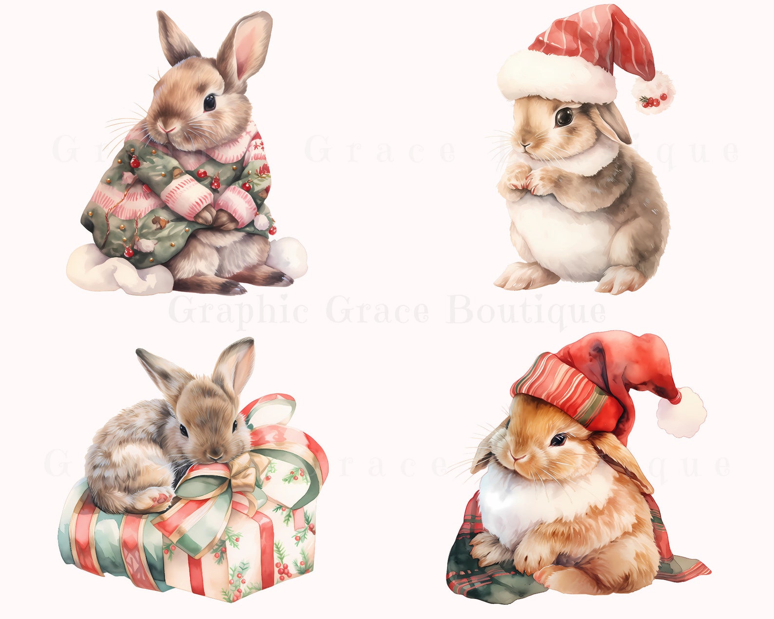 Watercolor Christmas Bunnies PNG Clipart Bundle Christmas Clipart ...