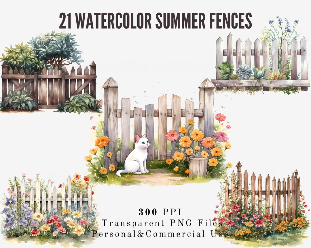 Watercolor Summer Garden Fences Clipart PNG Bundle (digital Download ...