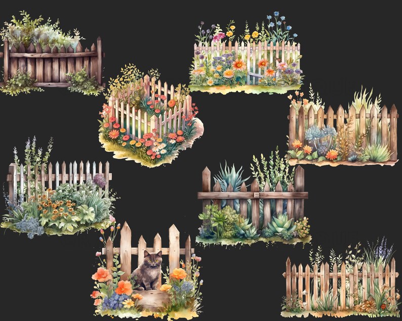 Summer Garden Fences Watercolor Digital Clipart PNG Bundle - Etsy