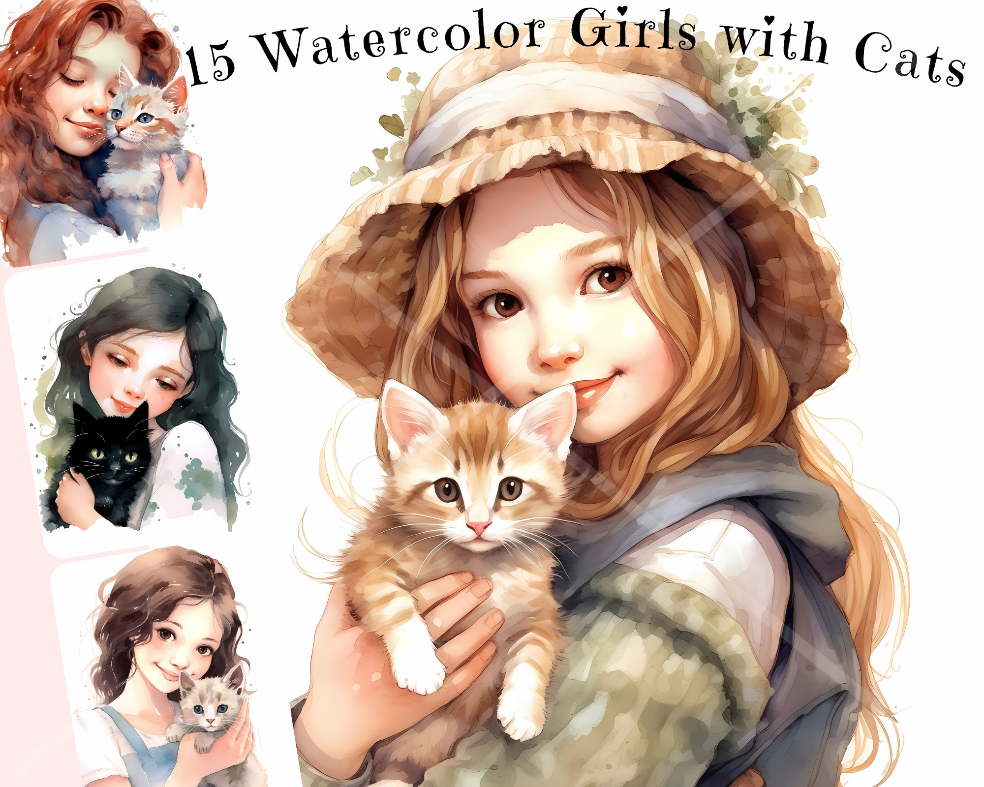 Watercolor Girls and Cats Clipart Bundle: High-resolution Pngs for Commercial and Personal Use ...