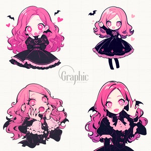 Cute Pink Vampire Girl Digital Stickers, Vampire Clipart, Journaling ...
