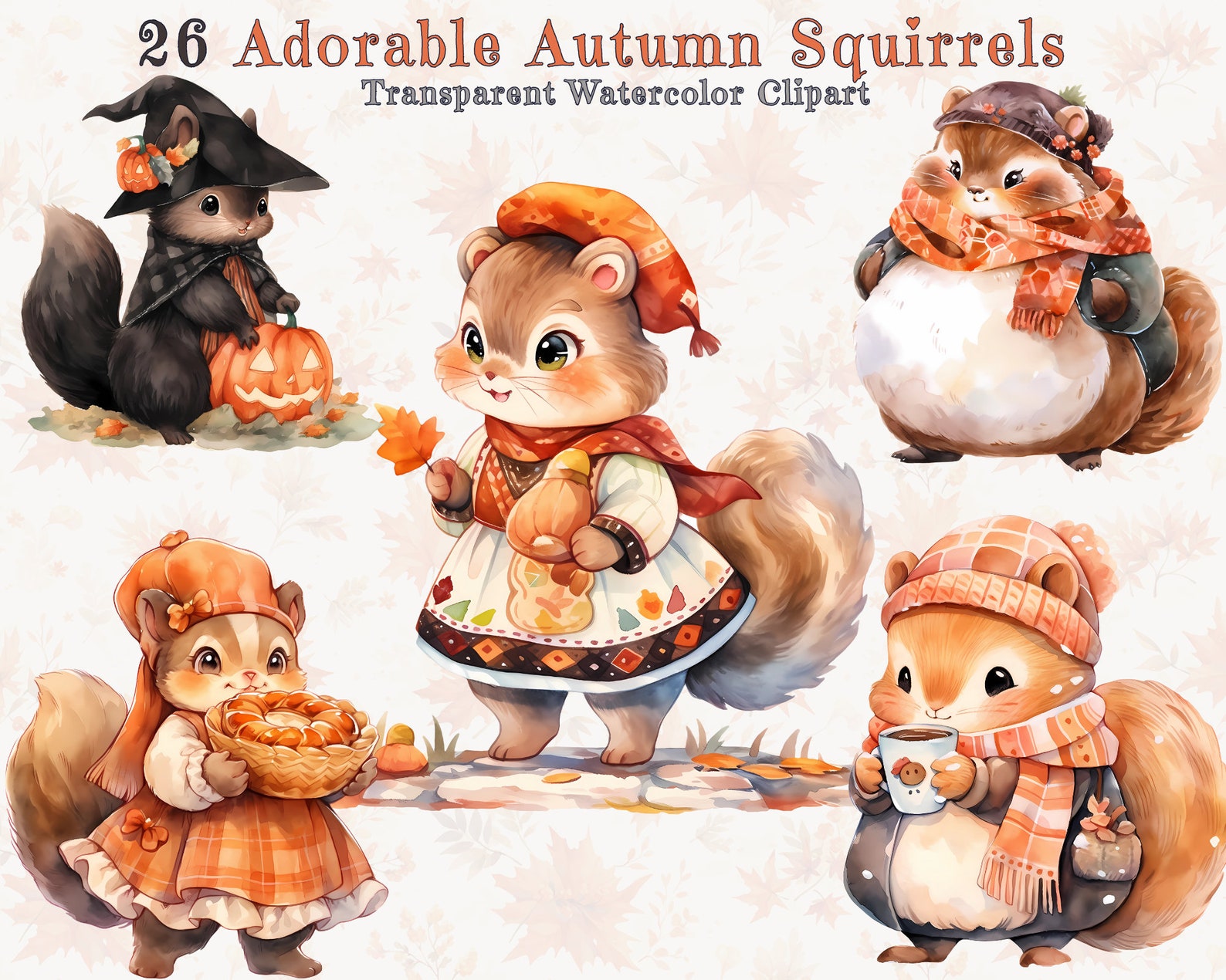 Autumn Squirrels Watercolor Clipart Bundle 26 High-quality Pngs ...
