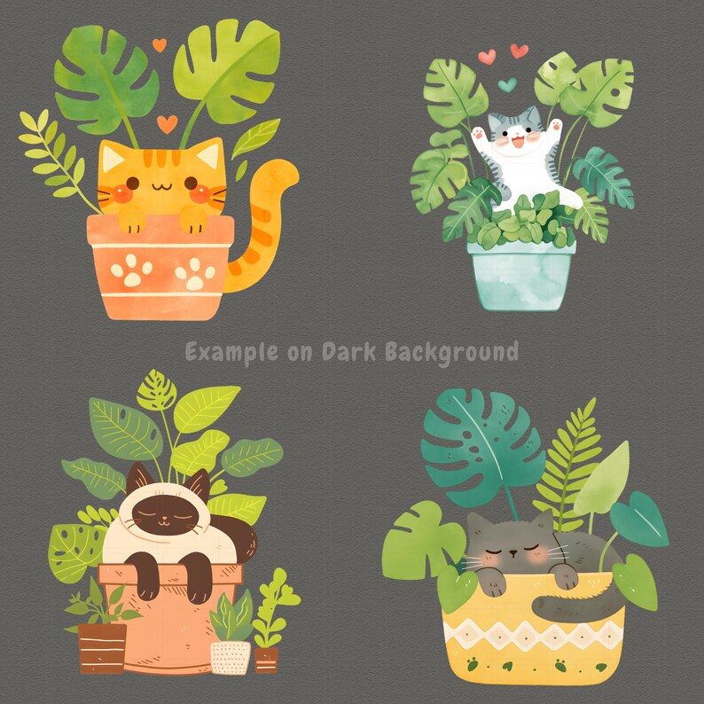 Monstera Cats Clipart: Kawaii Plant Pot PNG Bundle (digital Download ...