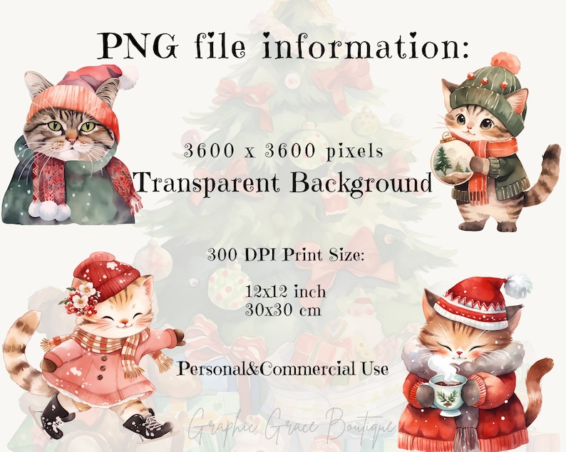 Watercolor Christmas Cat Clipart Bundle: Cute Cats in Winter Christmas ...