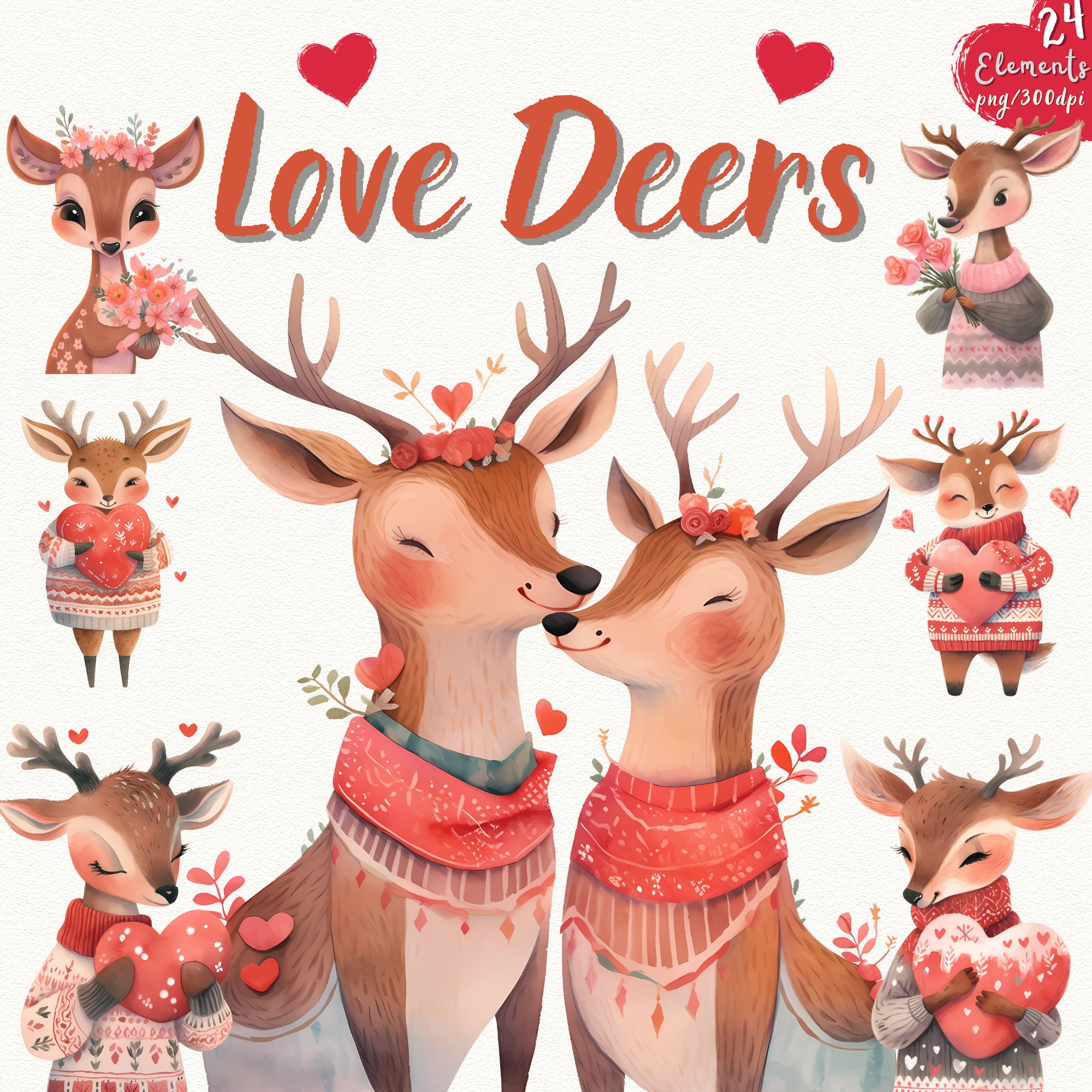 Watercolor Love Deer Clipart, Nursery Clipart, Valentine Animal Couple ...