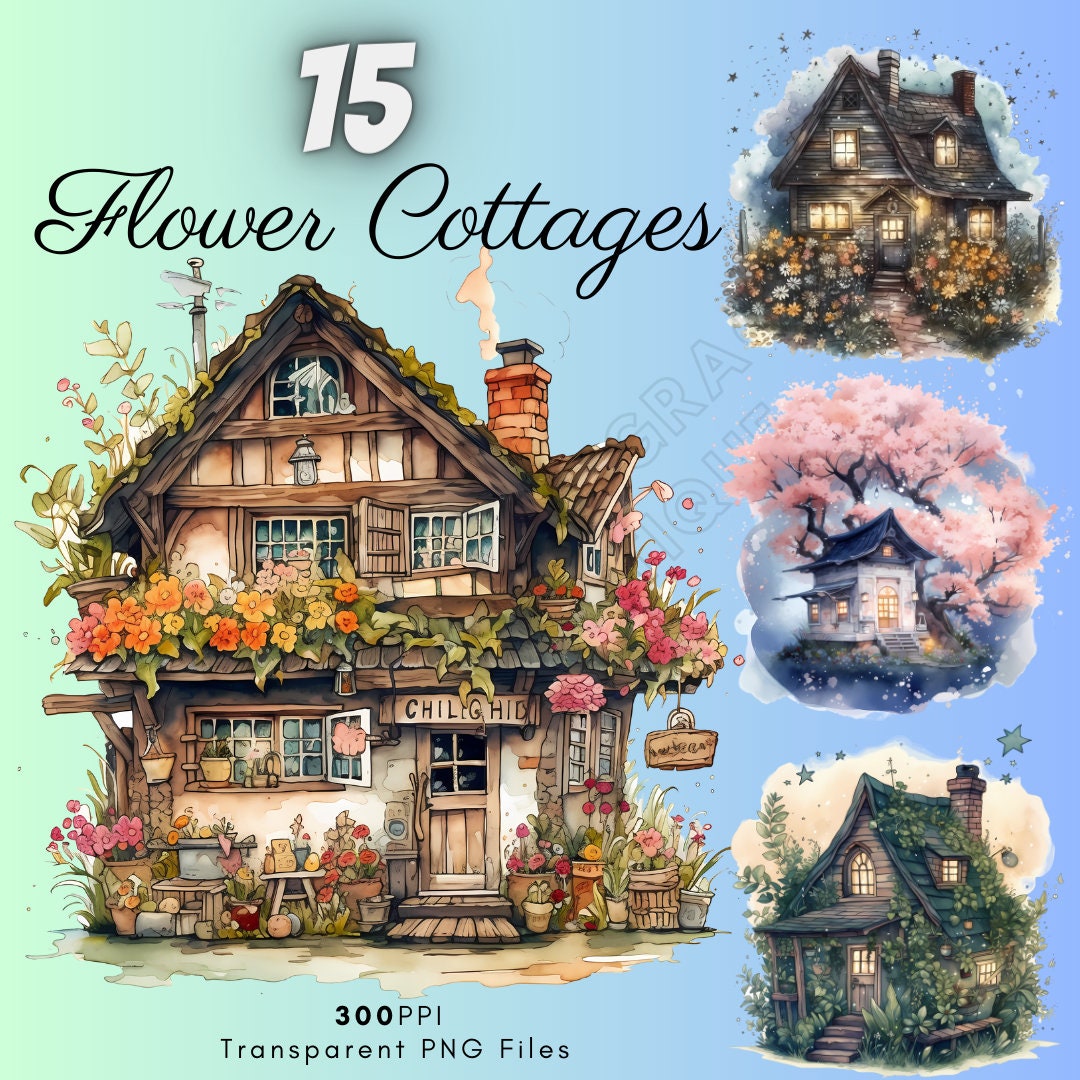 Watercolor Flower Cottage Clipart: Large PNG Files (digital Download ...