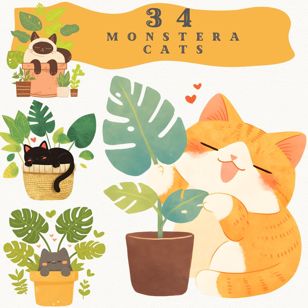 Monstera Cats Clipart – Kawaii Plant & Pot Digital Illustrations – Cute ...