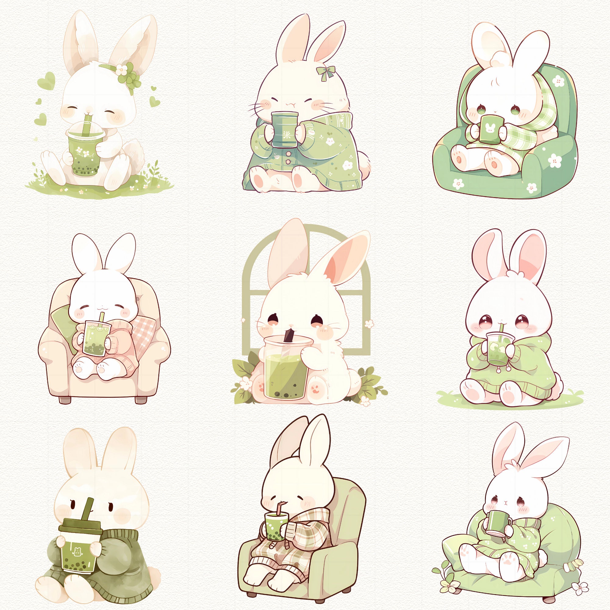 Cute Matcha Bunny Digital Stickers, Cozy Green Drink Clipart Journaling ...