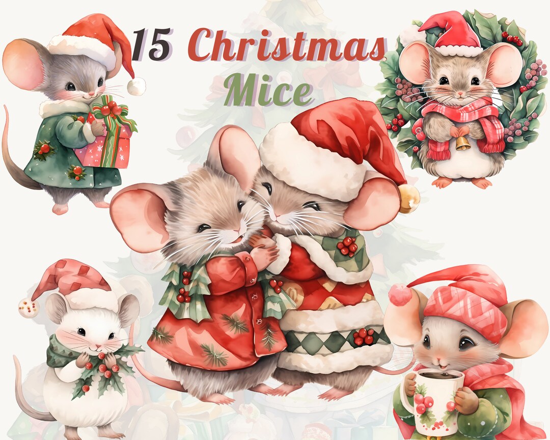 Watercolor Christmas Mice Clipart Bundle (PNG) - Etsy