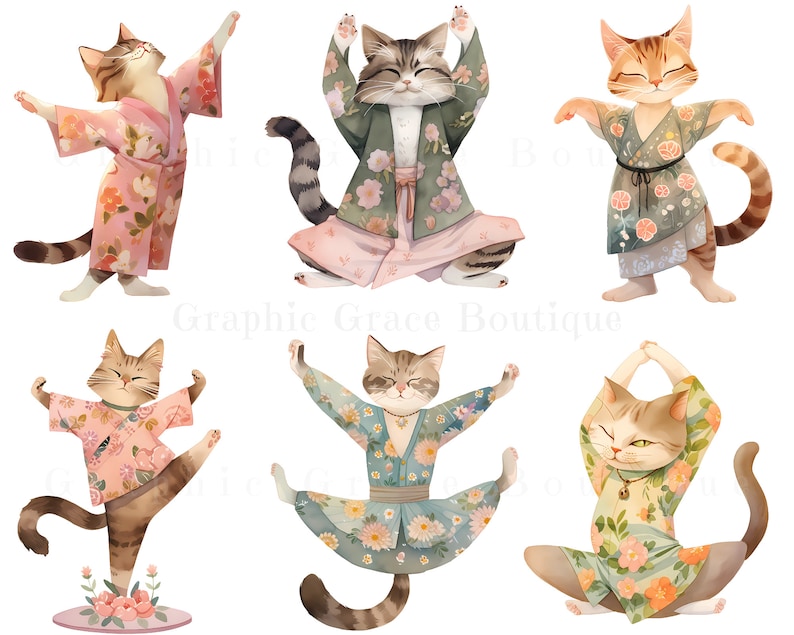 Watercolor Yoga Cats Clipart Bundle, Spiritual Feline Yoga Poses ...