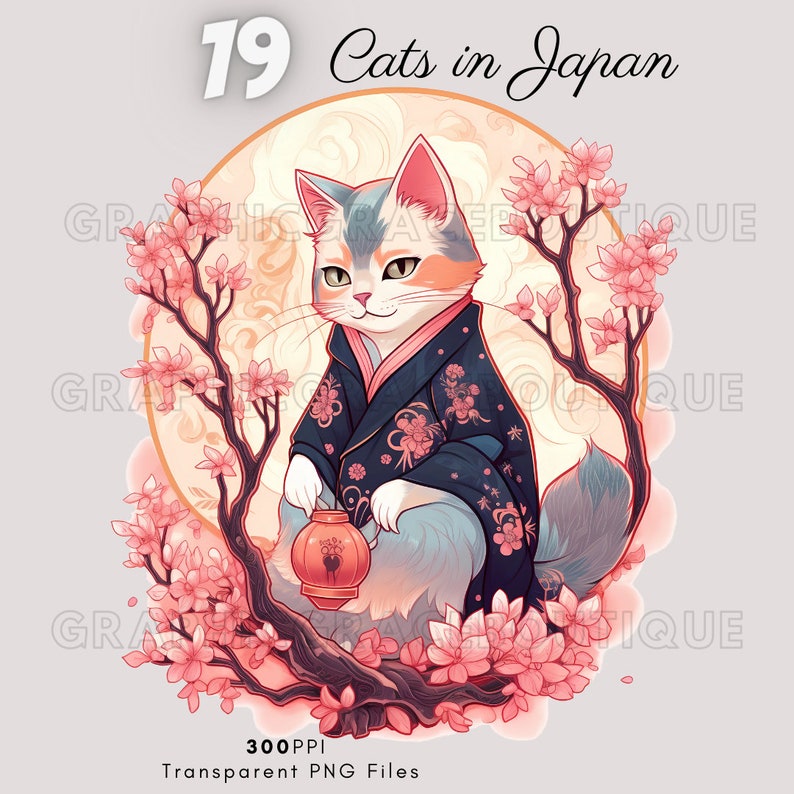 Japanese Cats Clipart: Watercolor Kawaii Kimono Cats (digital Download ...
