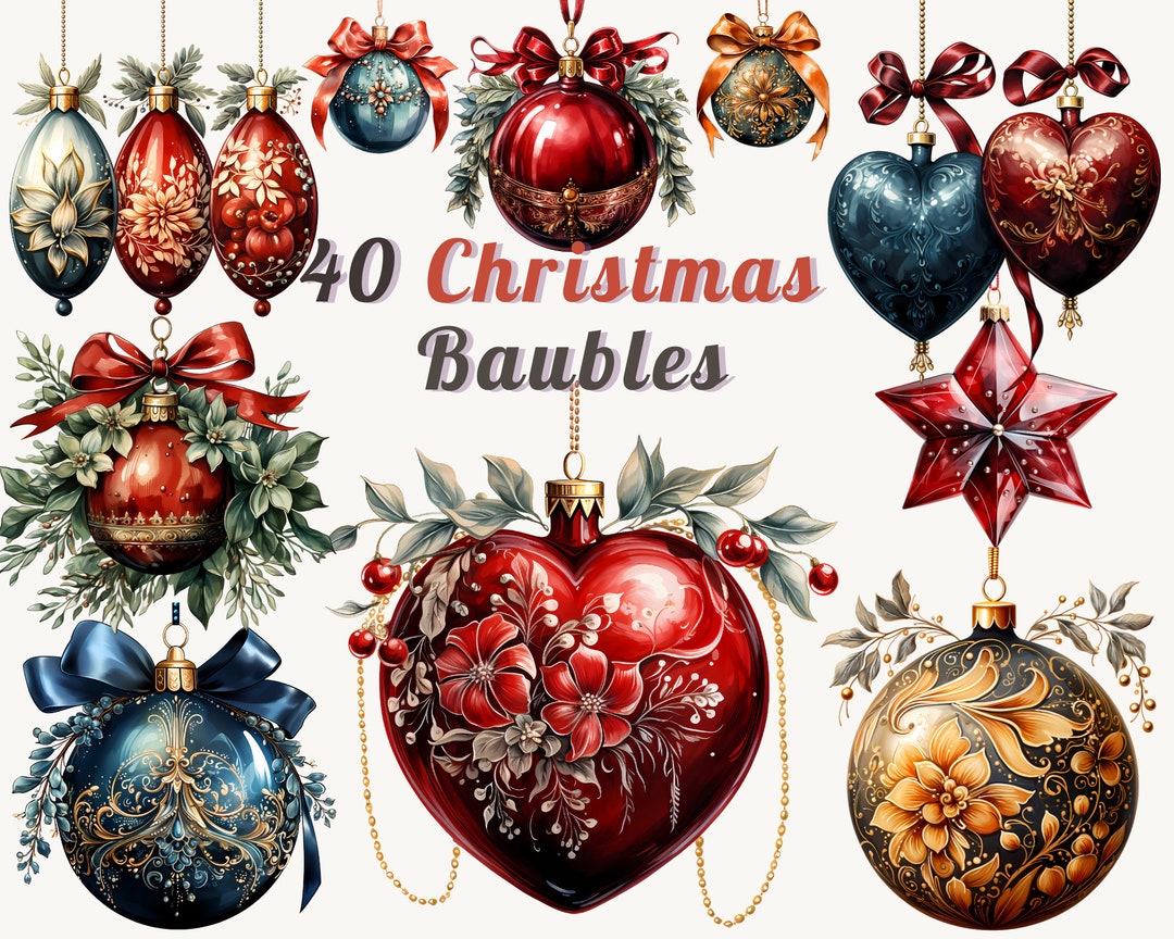 Christmas Baubles Clipart PNG Bundle , Watercolor Festive Holly Hanging ...