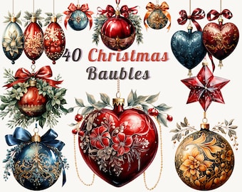 Watercolor Christmas Baubles Clipart PNG Bundle , Festive Holly Hanging ...