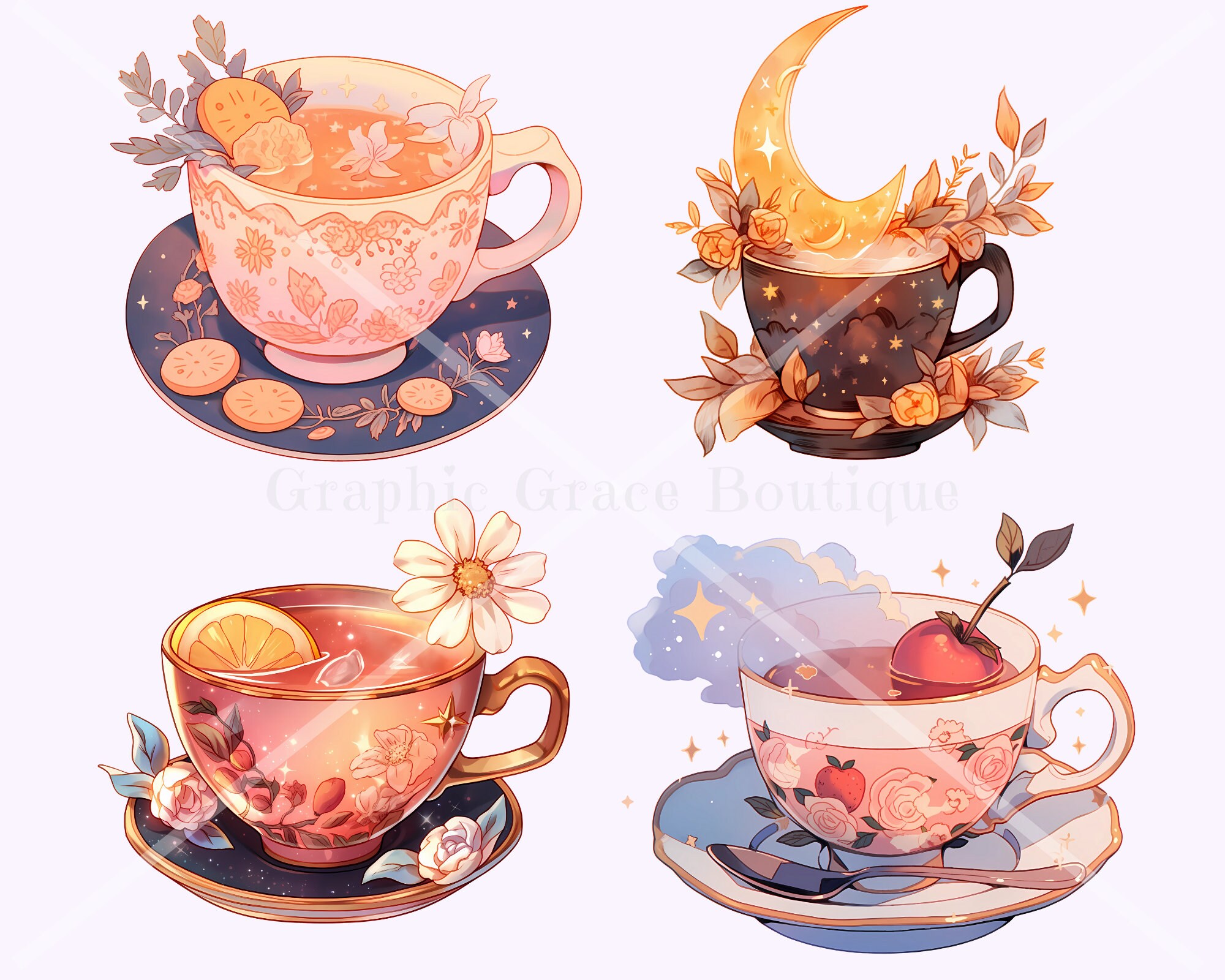 Enchanting Celestial Tea Time Clipart Bundle 22 Watercolor - Etsy