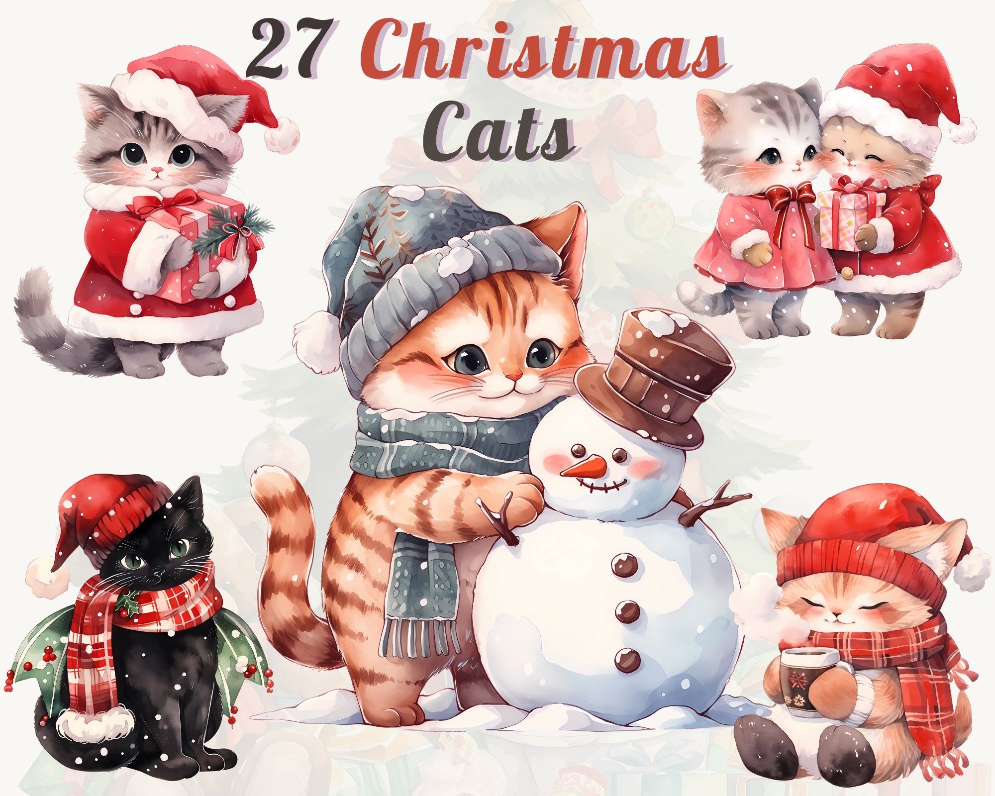 Watercolor Christmas Cat Clipart Bundle: Cute Cats in Winter Christmas ...