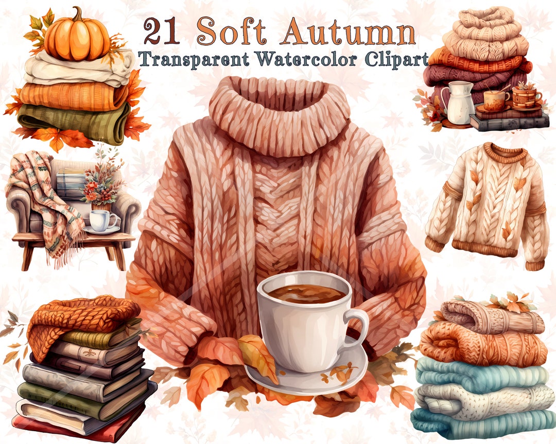 Autumn Watercolor Clipart Bundle - Cozy Sweater, Coffee, Pumpkin, Books ...