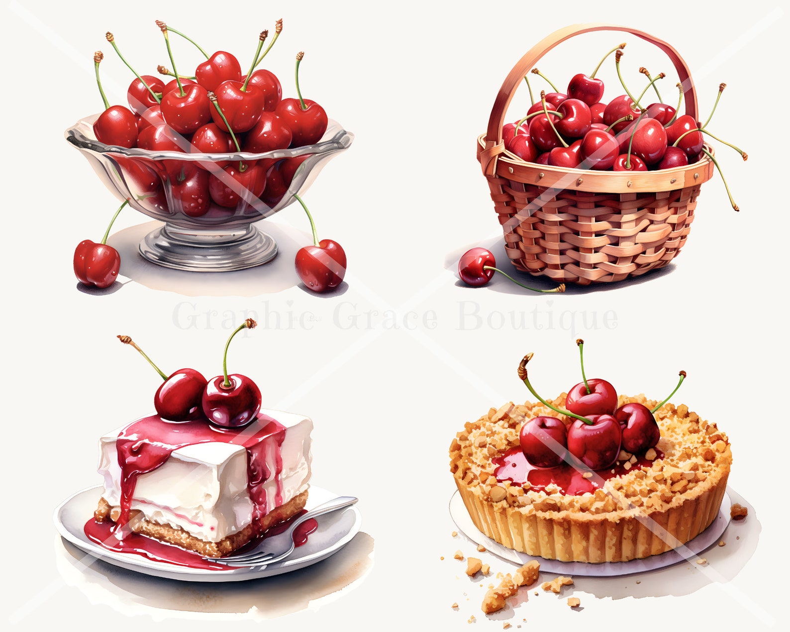 Watercolor Cherry Clipart Bundle: PNG Images of Fresh - Etsy