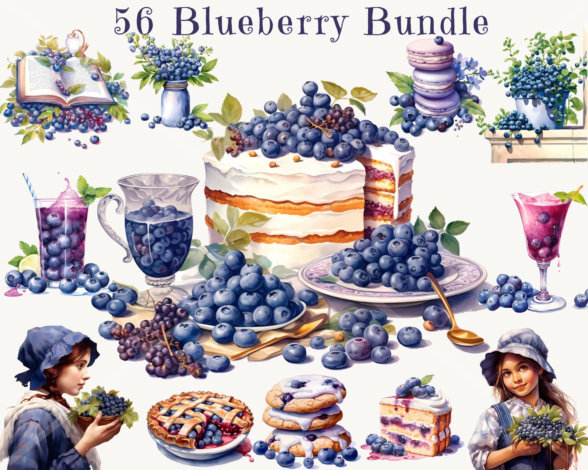 Premium Blueberry Watercolor Clipart Bundle Blueberry - Etsy