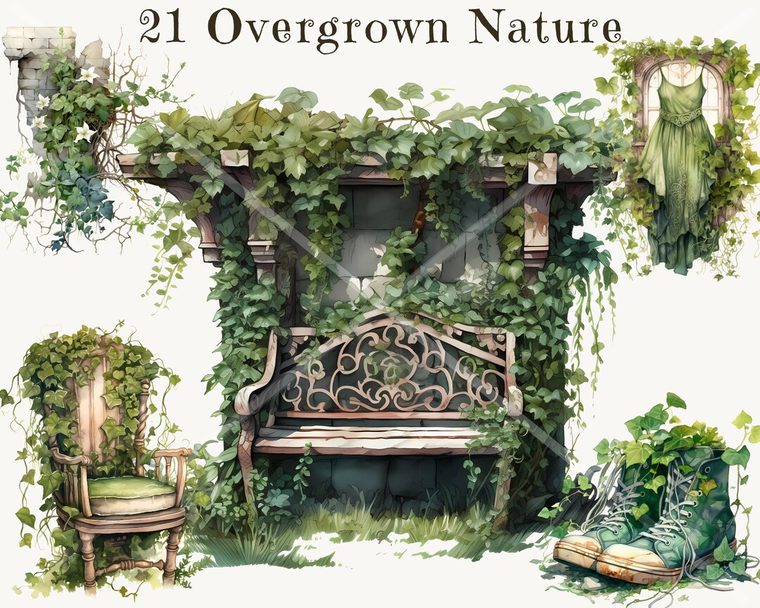 Watercolor Overgrown Nature Clipart: Architectural PNG Images (digital ...