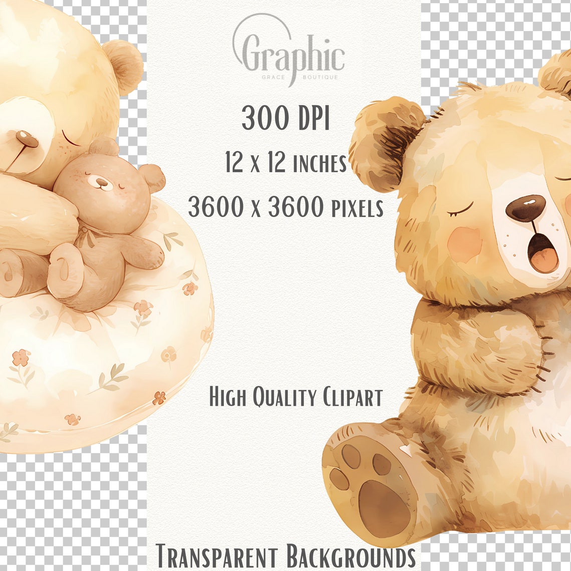 Watercolor Sleeping Teddy Bear Clipart: Baby Shower PNG (digital ...