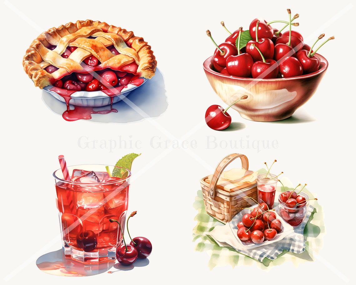 Watercolor Cherry Clipart Bundle: PNG Images of Fresh - Etsy