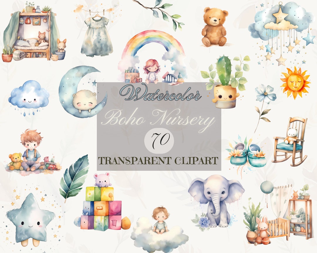 70+ Boho Nursery & Baby Shower Watercolor Clipart Bundle - Cute Baby ...