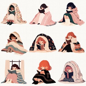 Cozy Bookworm Clipart – Reading Girls Illustrations – Cute Book Lover ...