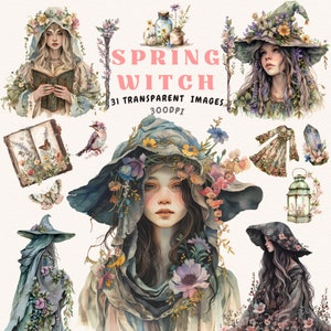 Watercolor Spring Witch Clipart Bundle - Floral Magic, Sakura Blooms ...