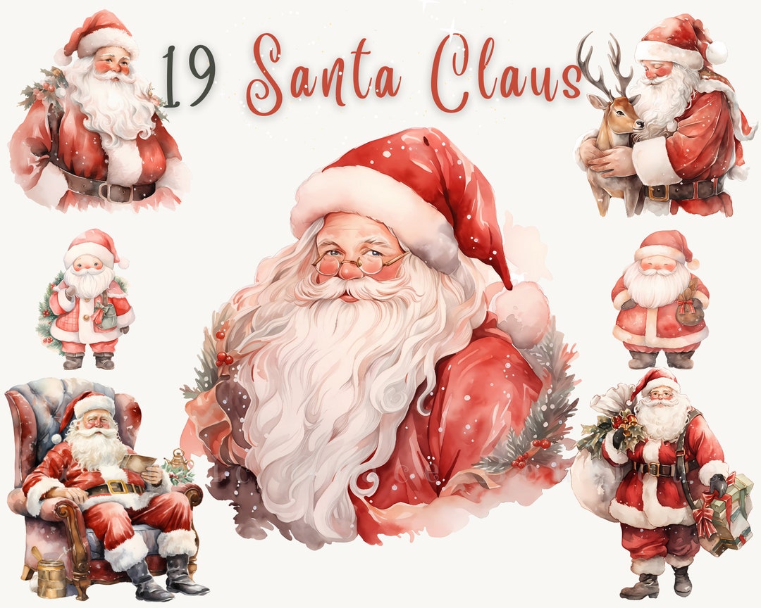 Santa Claus Watercolor Clipart Bundle: 19 PNG Christmas Art (digital ...