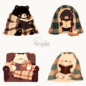 Cozy Reading Bear Clipart: Bookworm PNG Stickers (digital Download) - Etsy