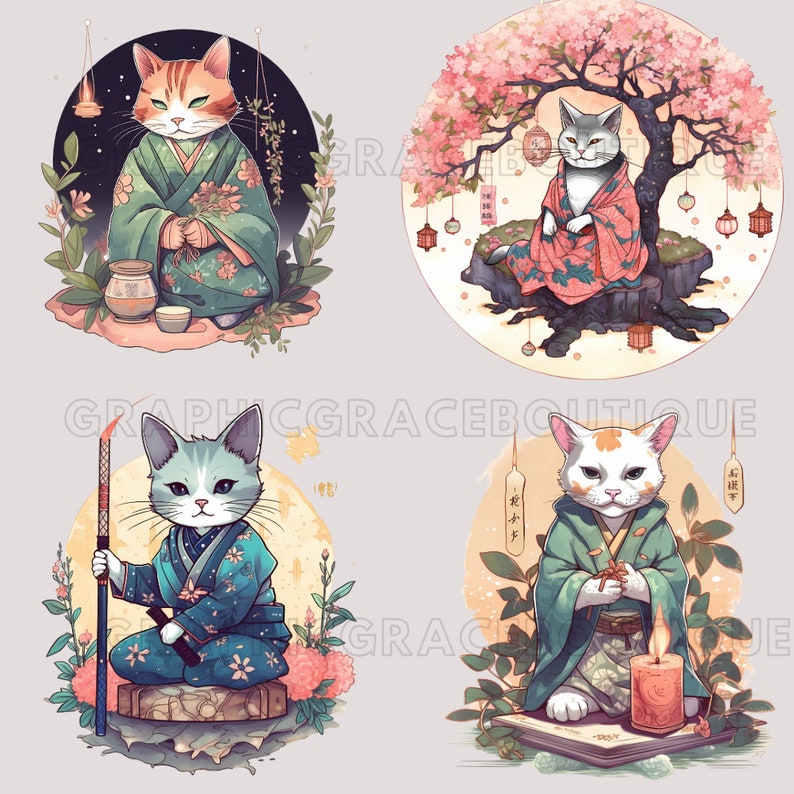 Japanese Cats Clipart: Watercolor Kawaii Kimono Cats (digital Download ...