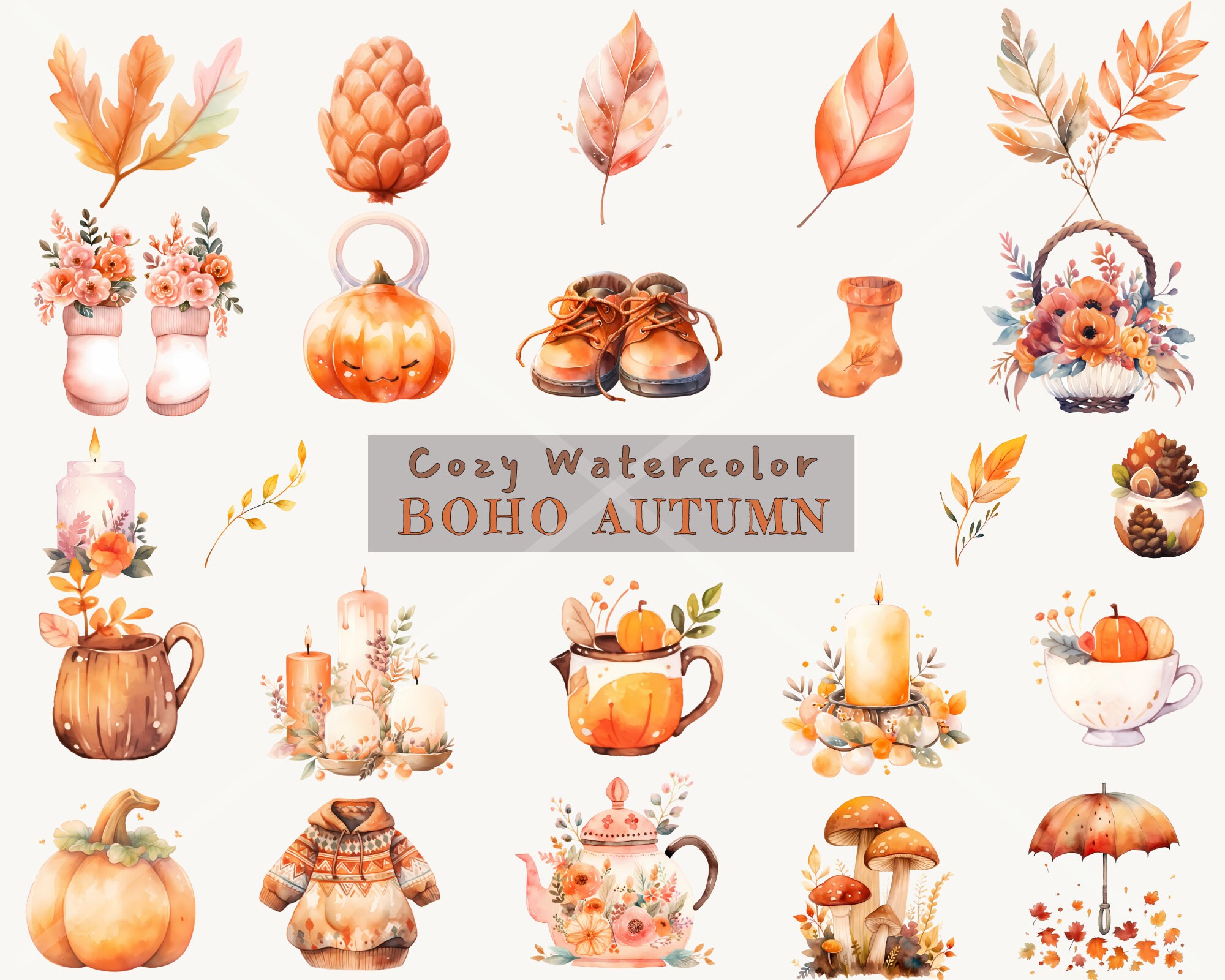 Autumn Watercolor Clipart Bundle 92 Images Cozy Boho Fall - Etsy