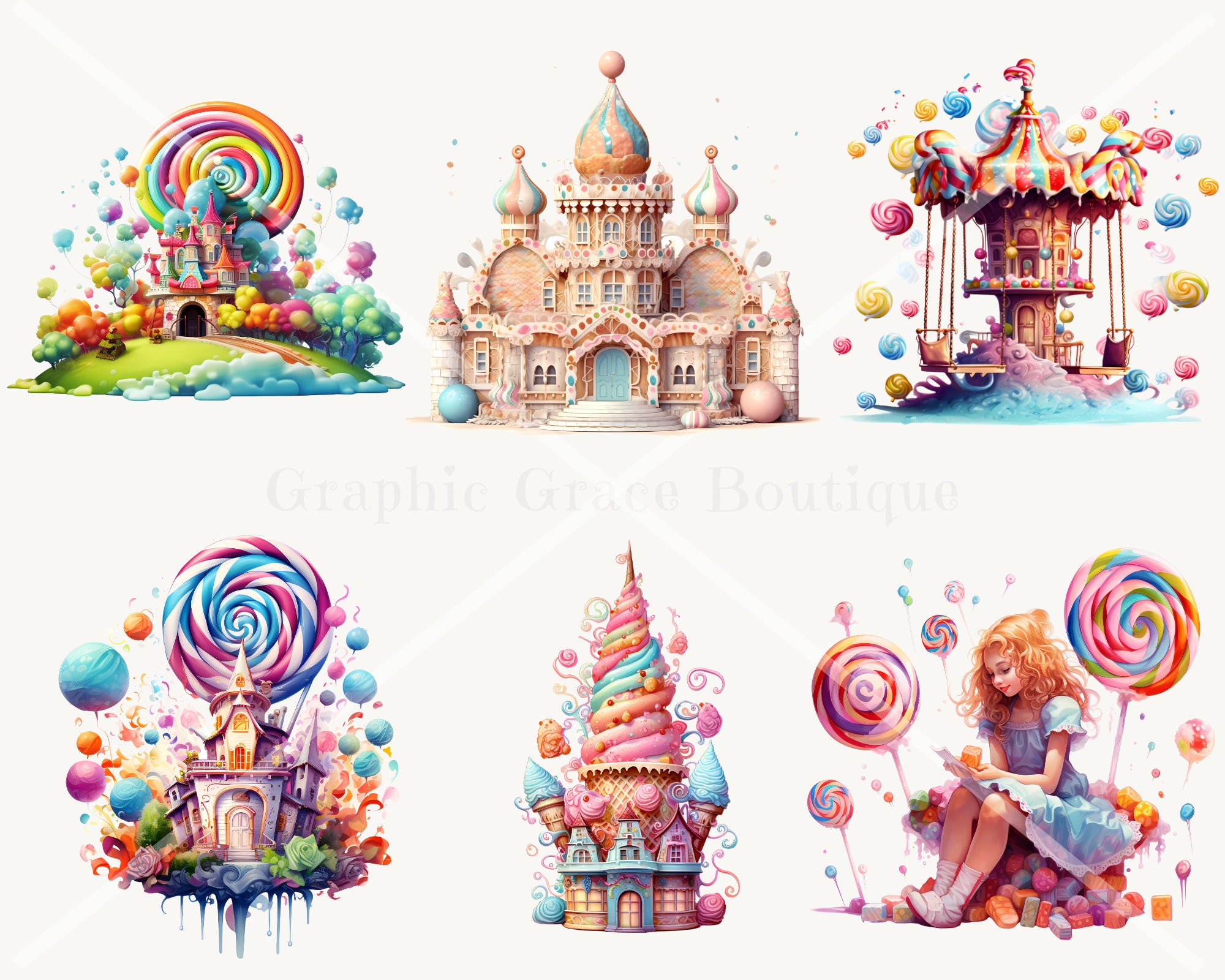 Premium Candyland Clipart - Cute Girls, Candy Houses, Lollipops, Candy ...