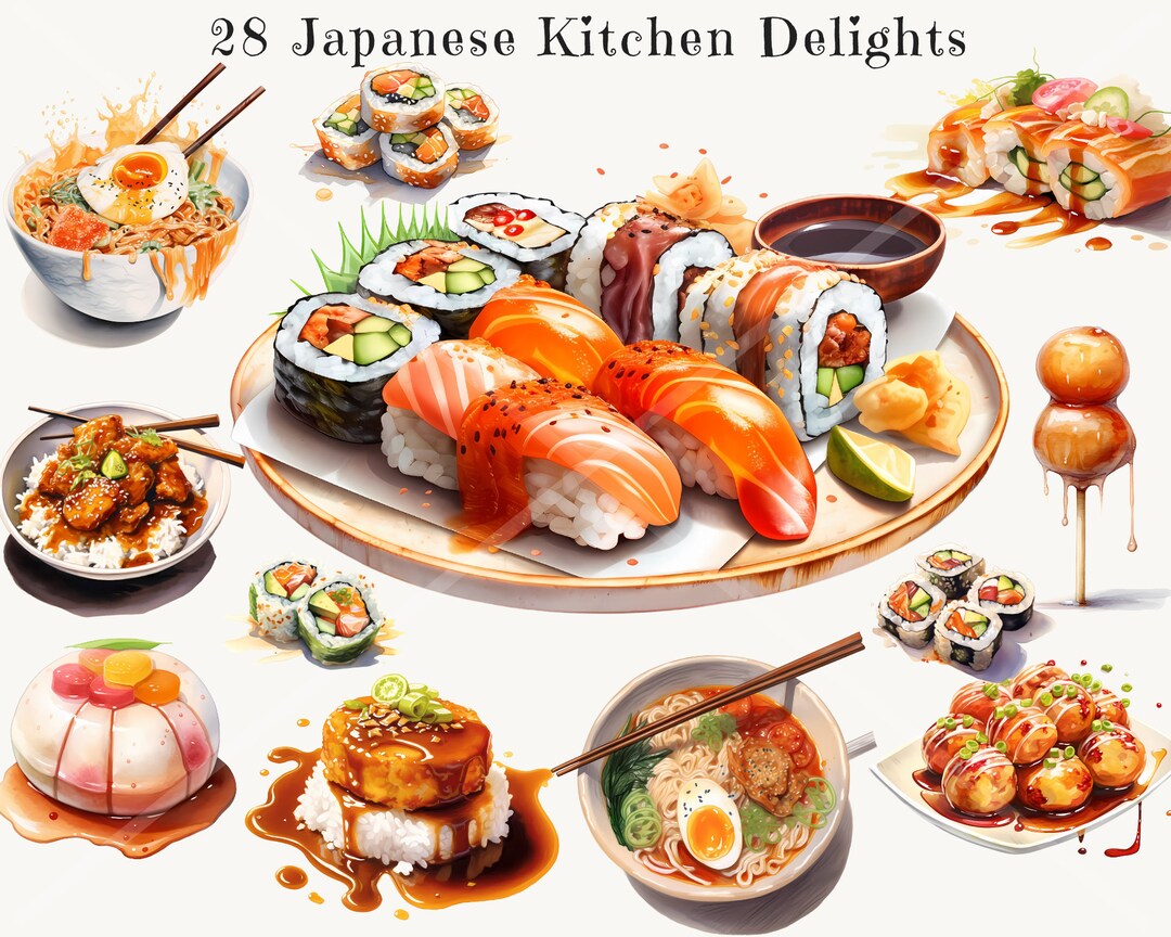 Watercolor Japanese Food Clipart: Sushi, Ramen, Bento (PNG, Commercial ...