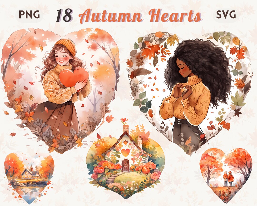 Autumn Hearts Clipart Bundle: Watercolor Fall Scenery, People in Heart ...