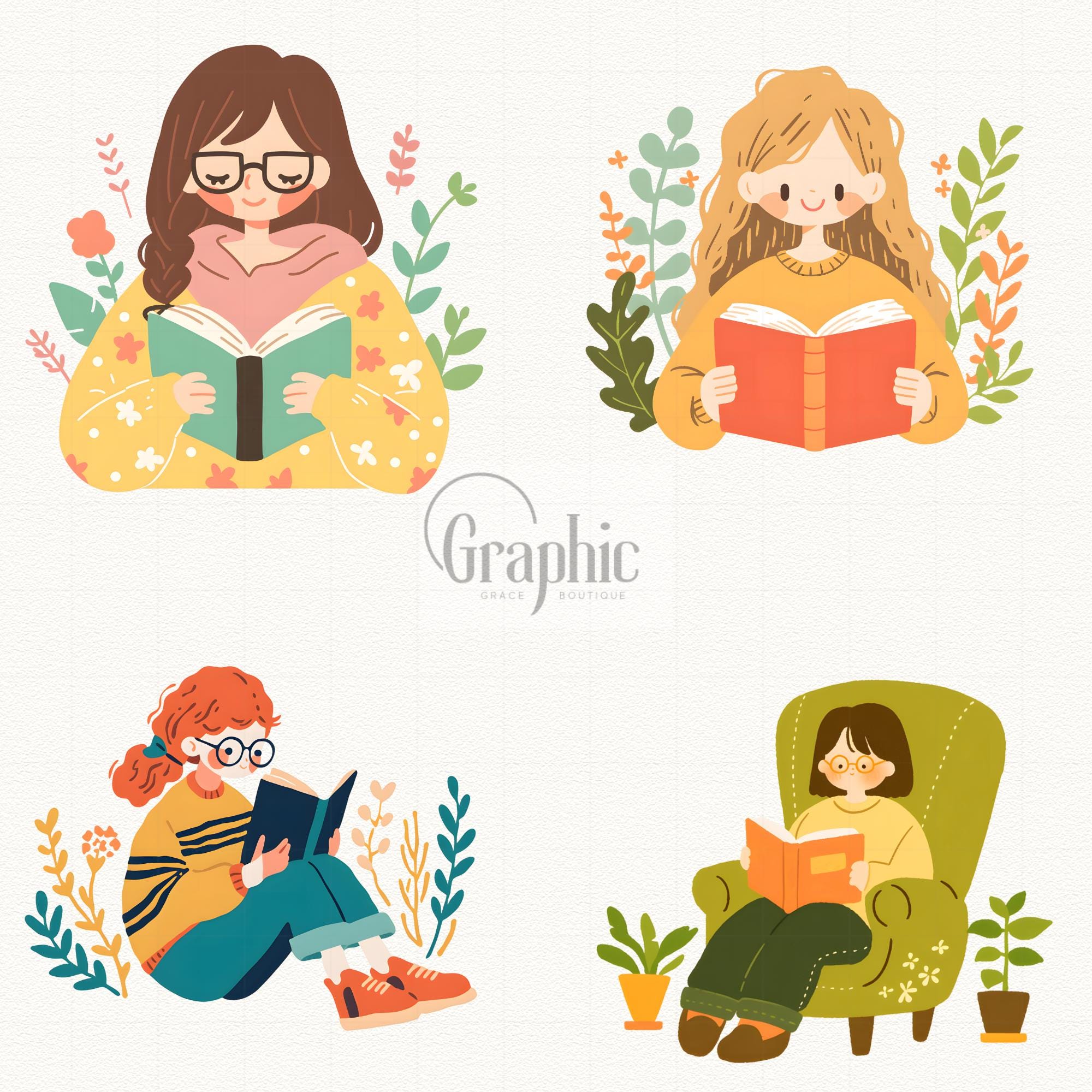 Cozy Book Lover Clipart Bundle: Reading Nook PNG Images (digital ...
