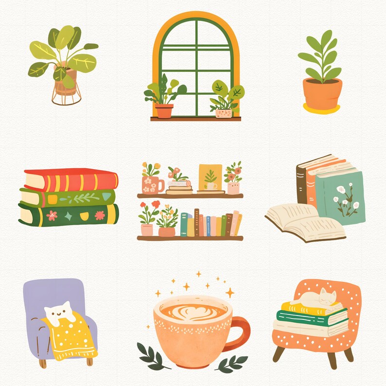 Cozy Book Lover Clipart Bundle: Reading Nook PNG Images (digital ...