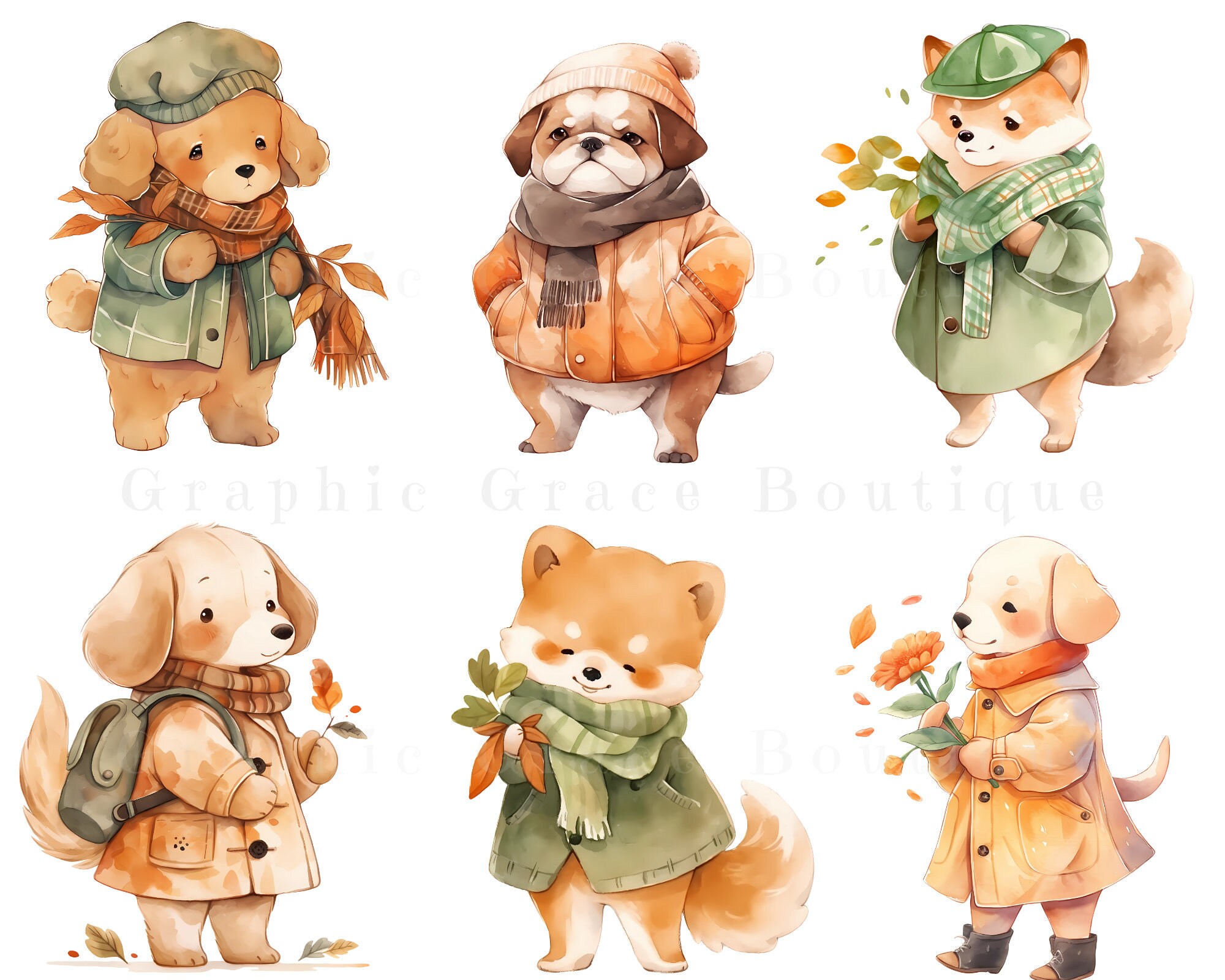 Watercolor Autumn Dogs Clipart: Cute Dogs in Fall Outfits - Etsy