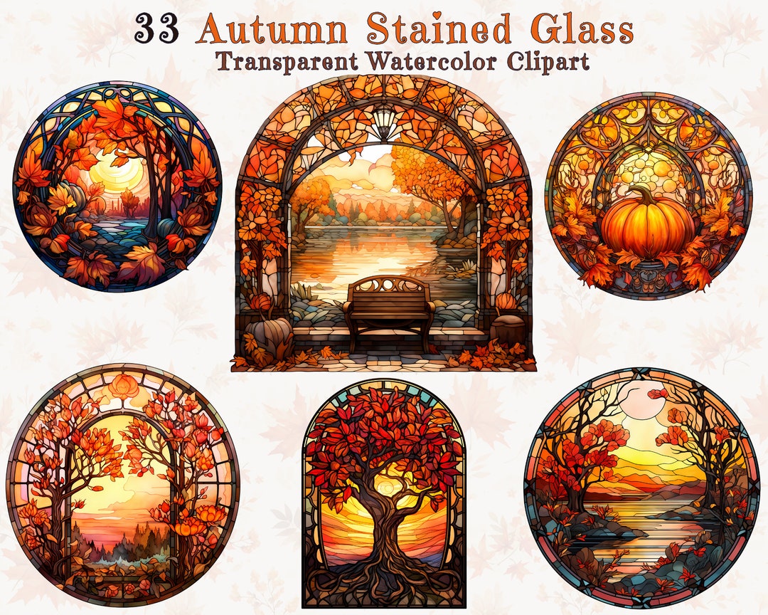 Autumn Stained Glass Clipart: Watercolor Fall Landscapes (PNG) - Etsy