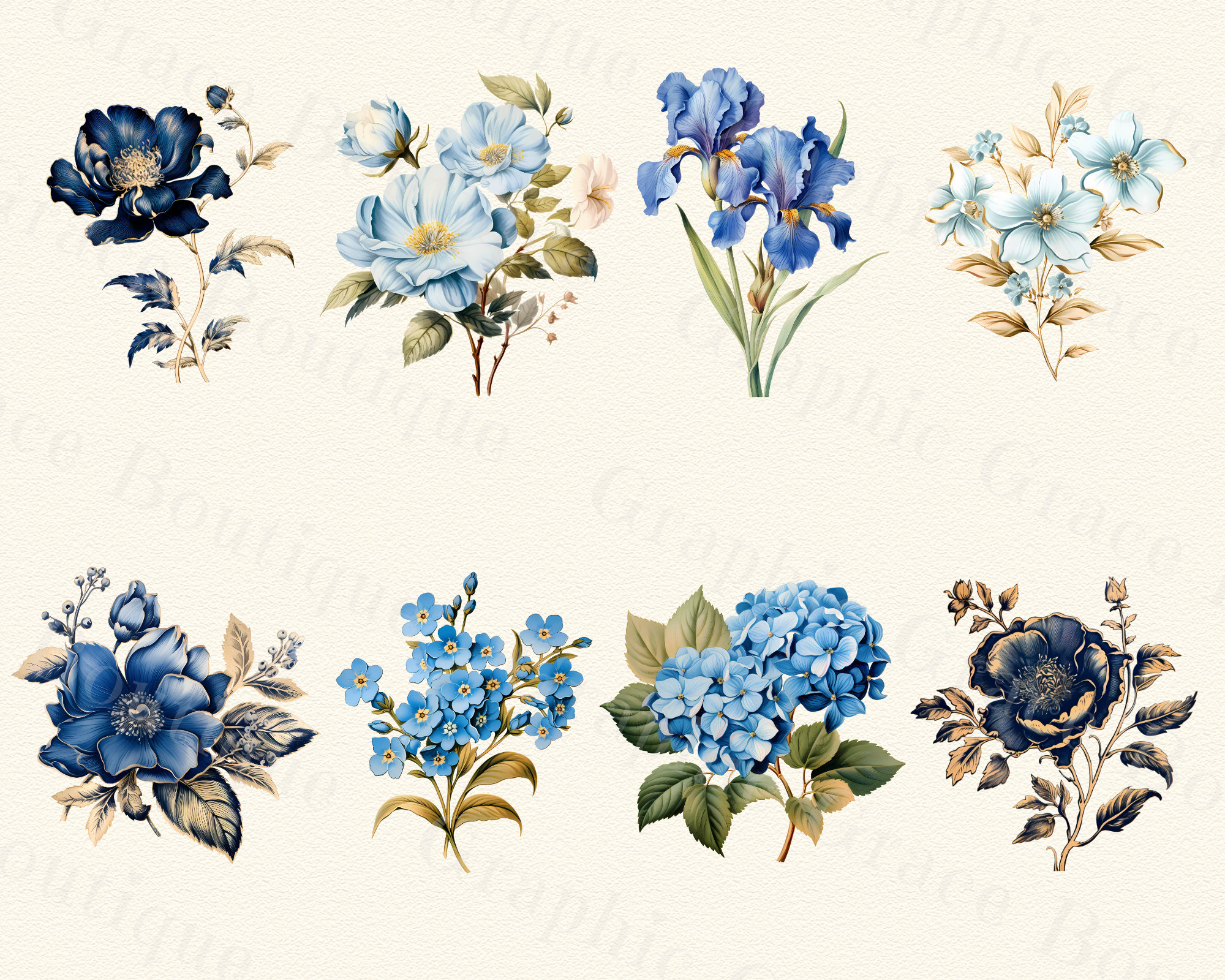 Blue Flowers Clipart Bundle: Vintage Floral Art, Golden Tones (PNG) - Etsy