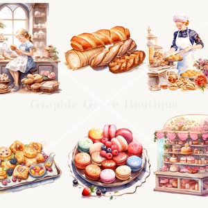 Sweet Bakery Clipart Bundle -watercolor Pastries, Croissants, Baguettes ...