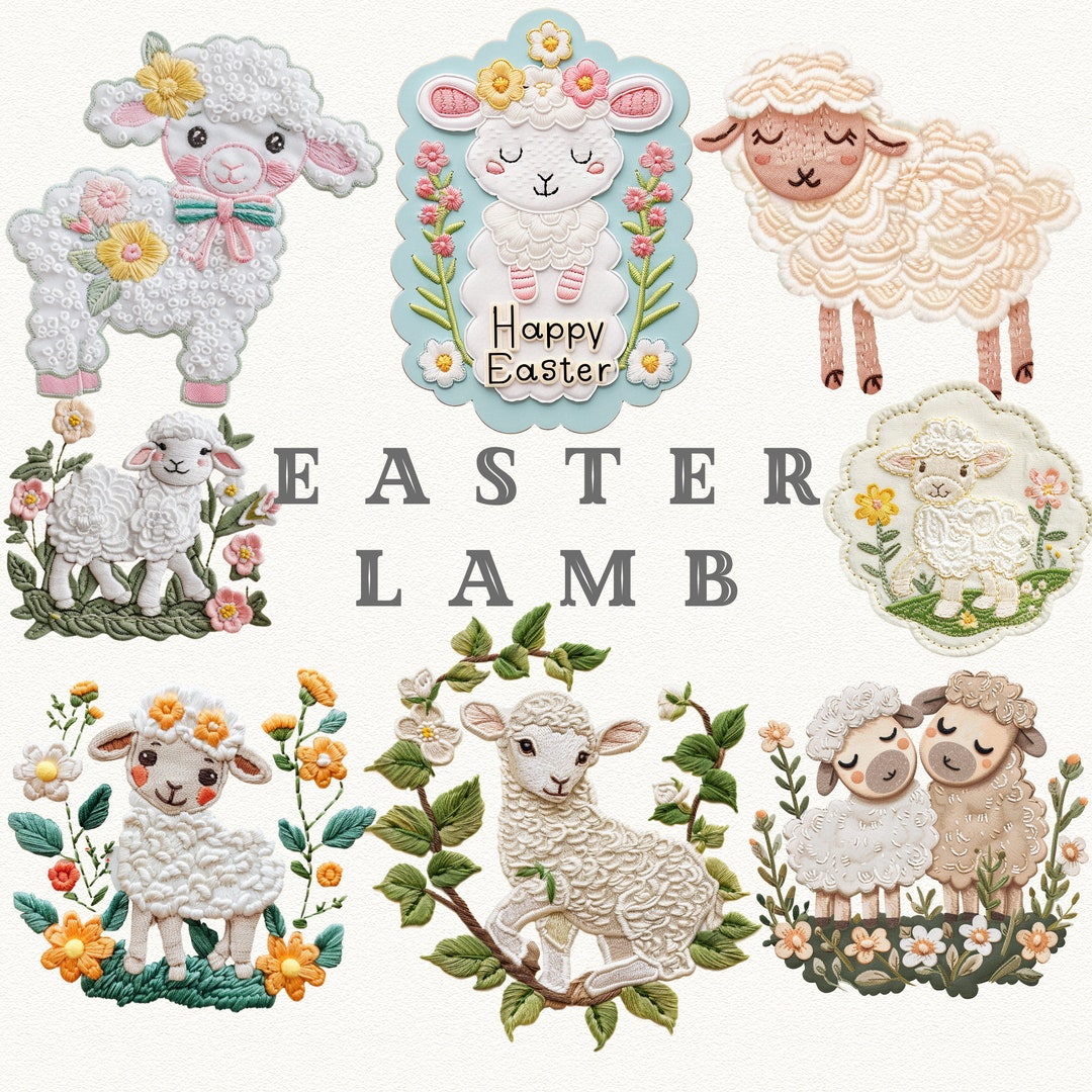 Easter Lamb Clipart, Sublimations Cute Lambs With Embroidery Effect ...
