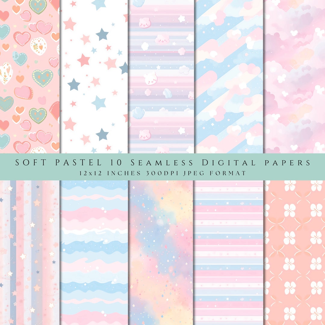 Pastel Digital Paper Bundle: Seamless Rainbow, Heart, Star Designs ...