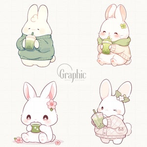 Cute Matcha Bunny Digital Stickers, Cozy Green Drink Clipart Journaling ...