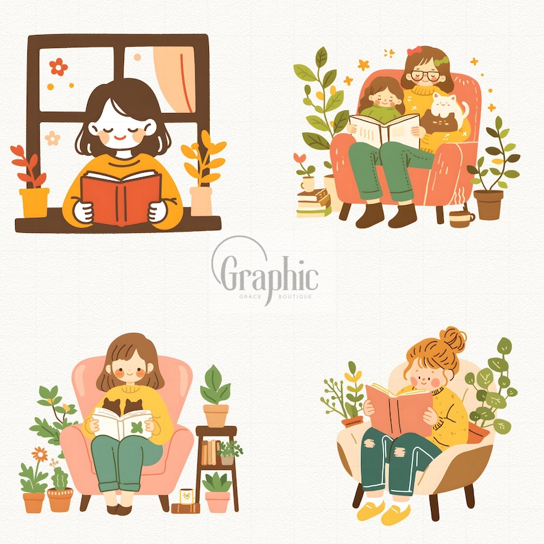 Cozy Book Lover Clipart Bundle: Reading Nook PNG Images (digital ...
