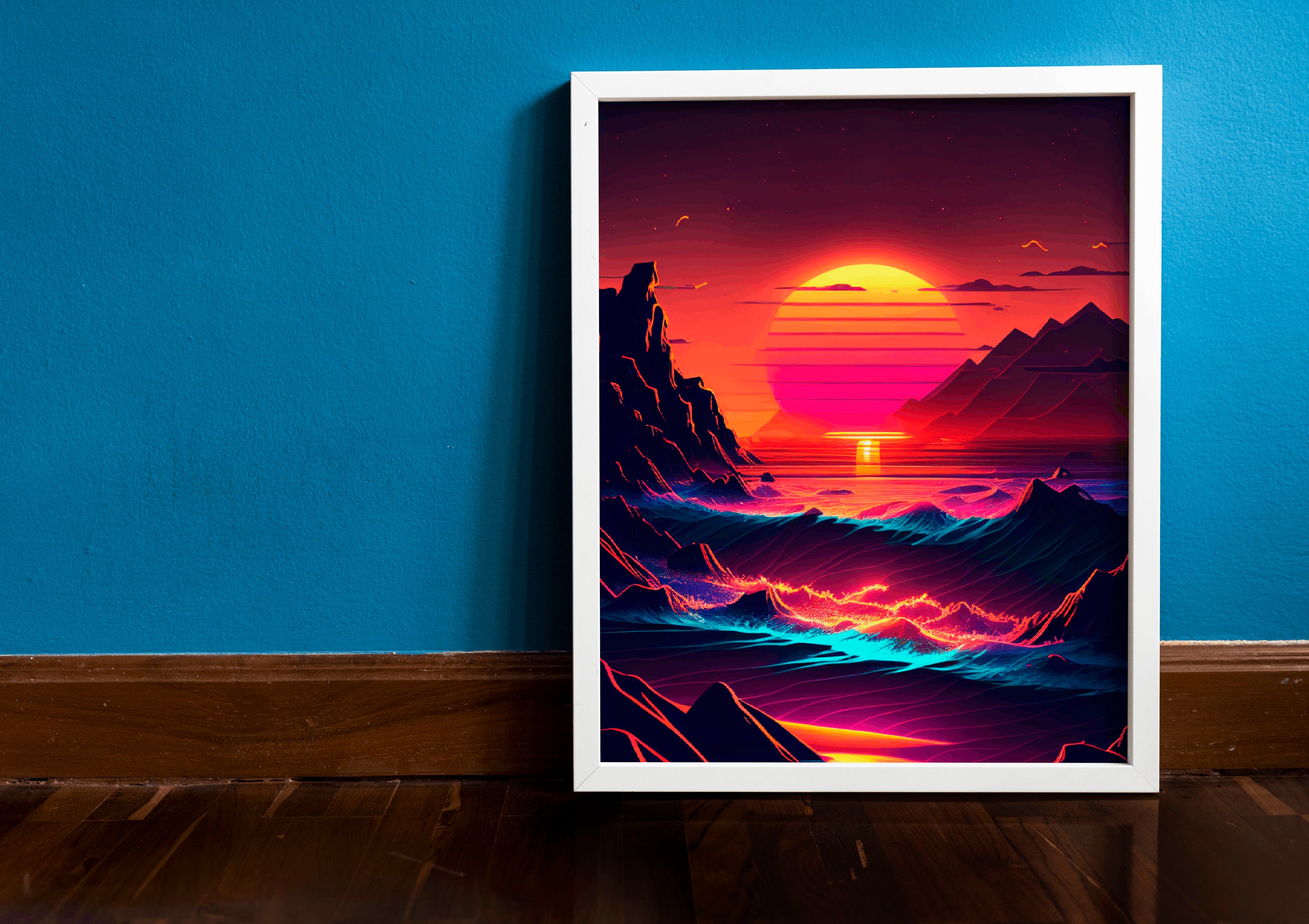 Vintage / Retro Digital Poster | Synthwave Lake and Sunset Landscape ...